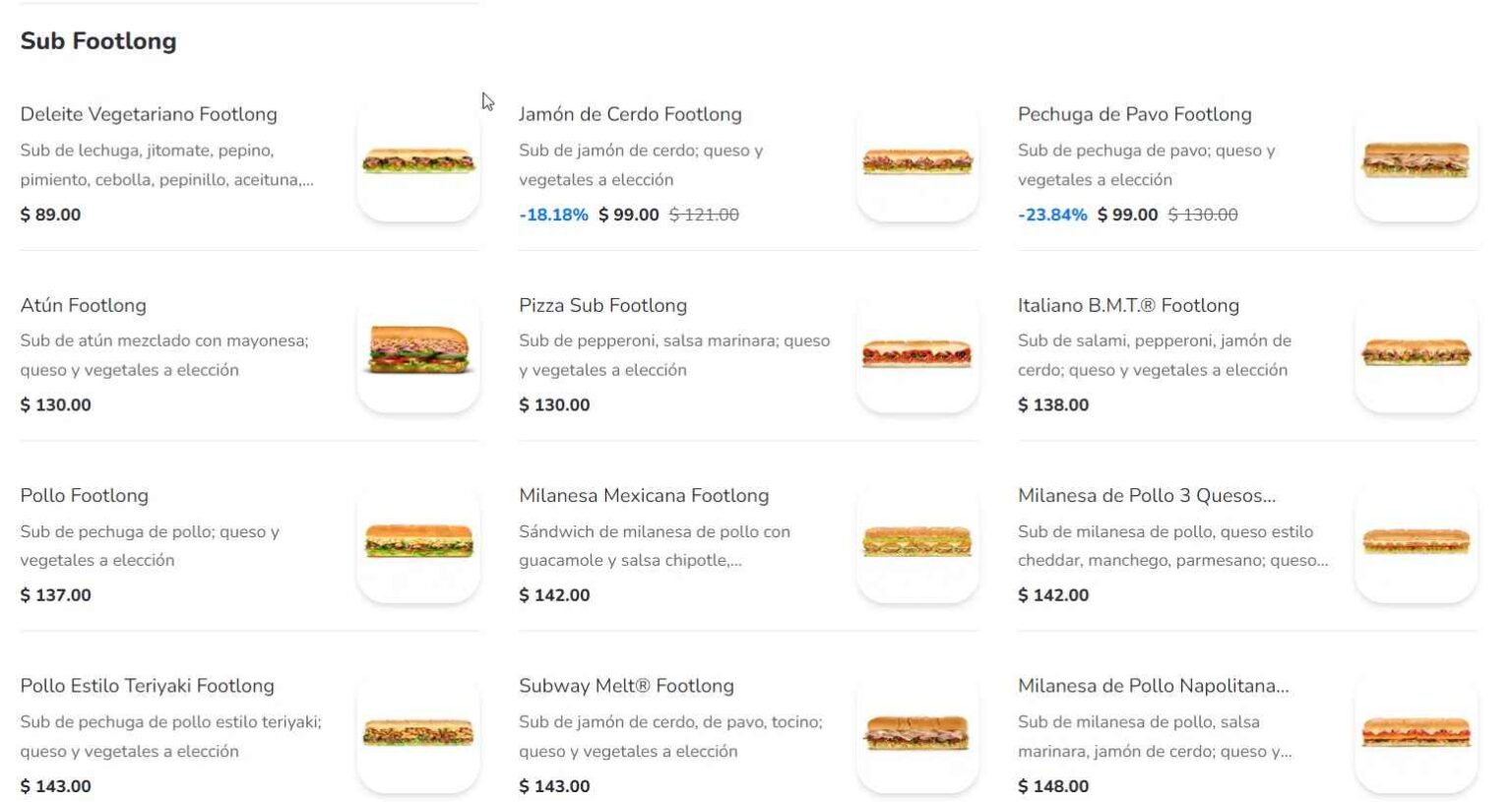 SUBWAY MENÚ PRECIOS MÉXICO ACTUALIZADOS (enero 2026)